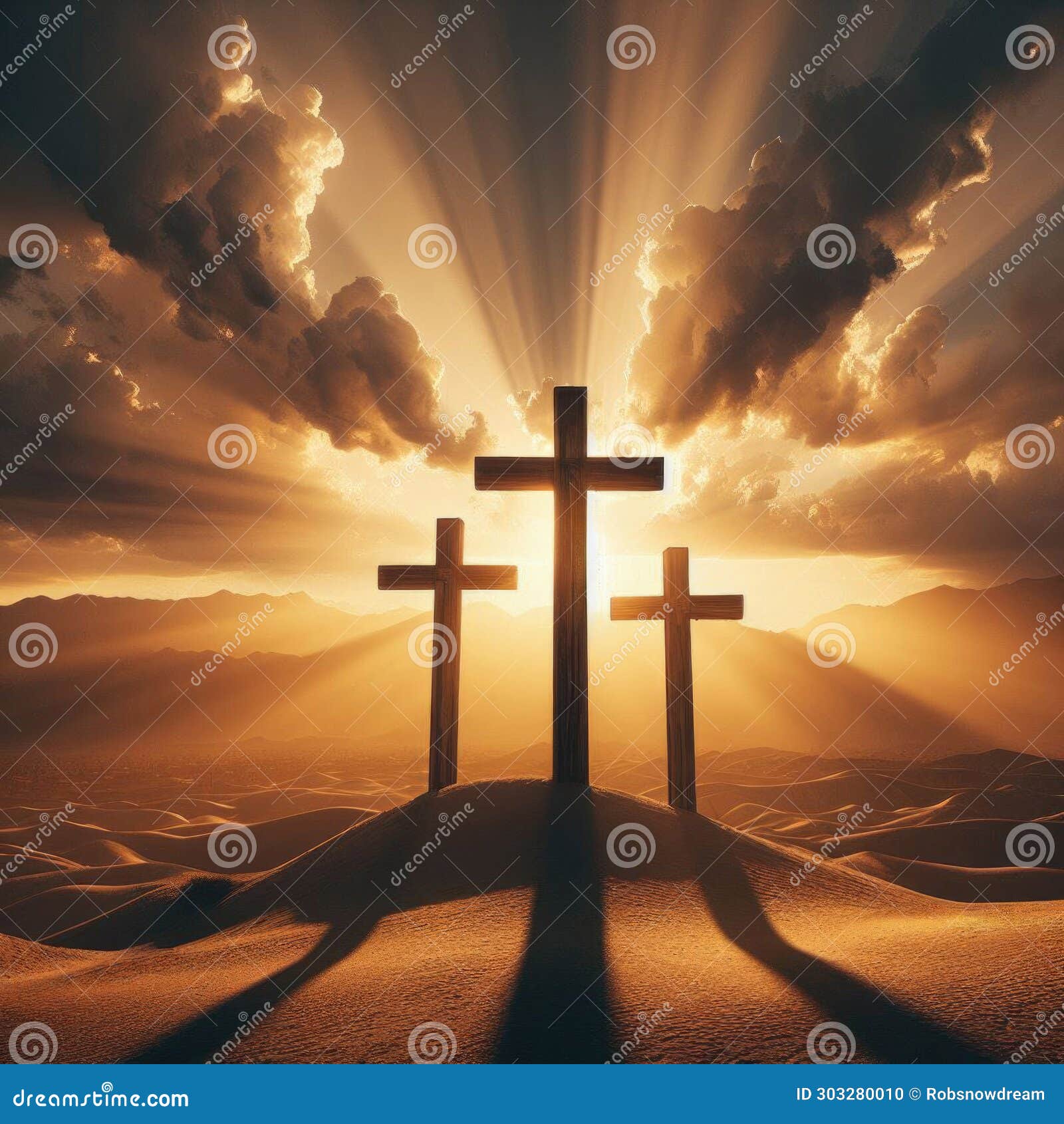 The Three Crosses Of Calvary Against A Glorious Sunset Set For Easter