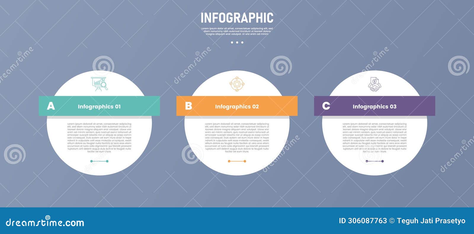 3 Point Circle Infographic Stage or Step Template with Horizontal ...