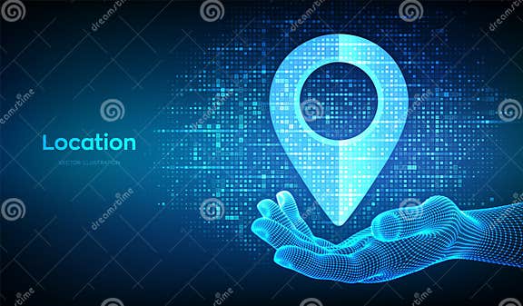 Point Of Location Icon Made With Binary Code In Wireframe Hand Pointer 0005