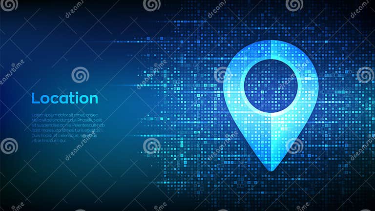 Point of Location Sign Made with Binary Code. Pointer of Map. Matrix Background with Digits 1.0 ...