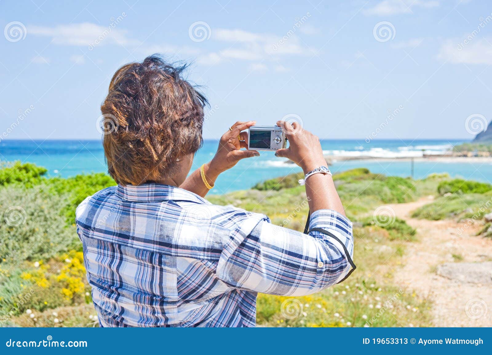 Point and Shoot: Girl Using Camera. Stock Image - Image of sand, cloud ...