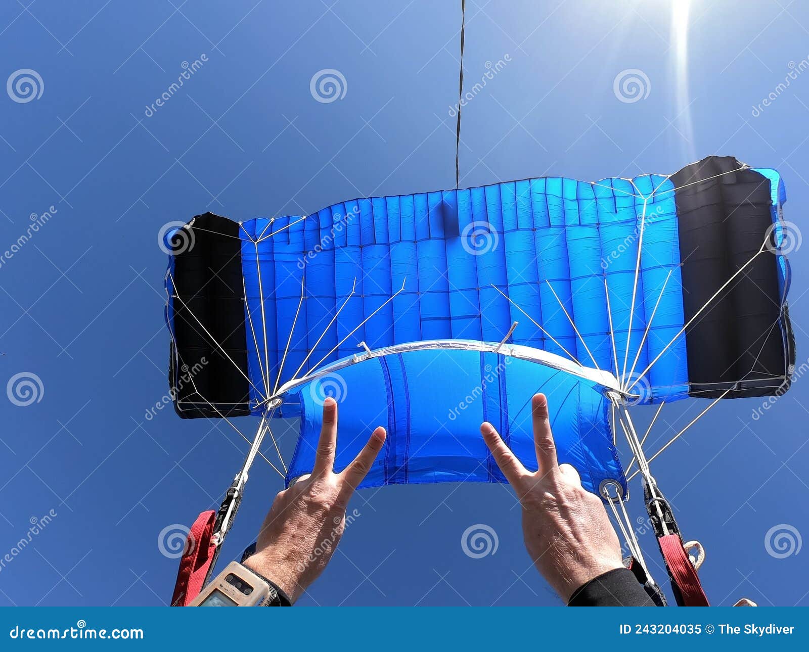 Point of View Blue Parachute Flying. Stock Image - Image of parachutist ...