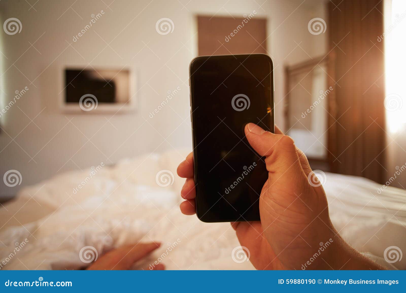 Point of View Image of Person in Bed Looking at Mobile Phone Stock ...