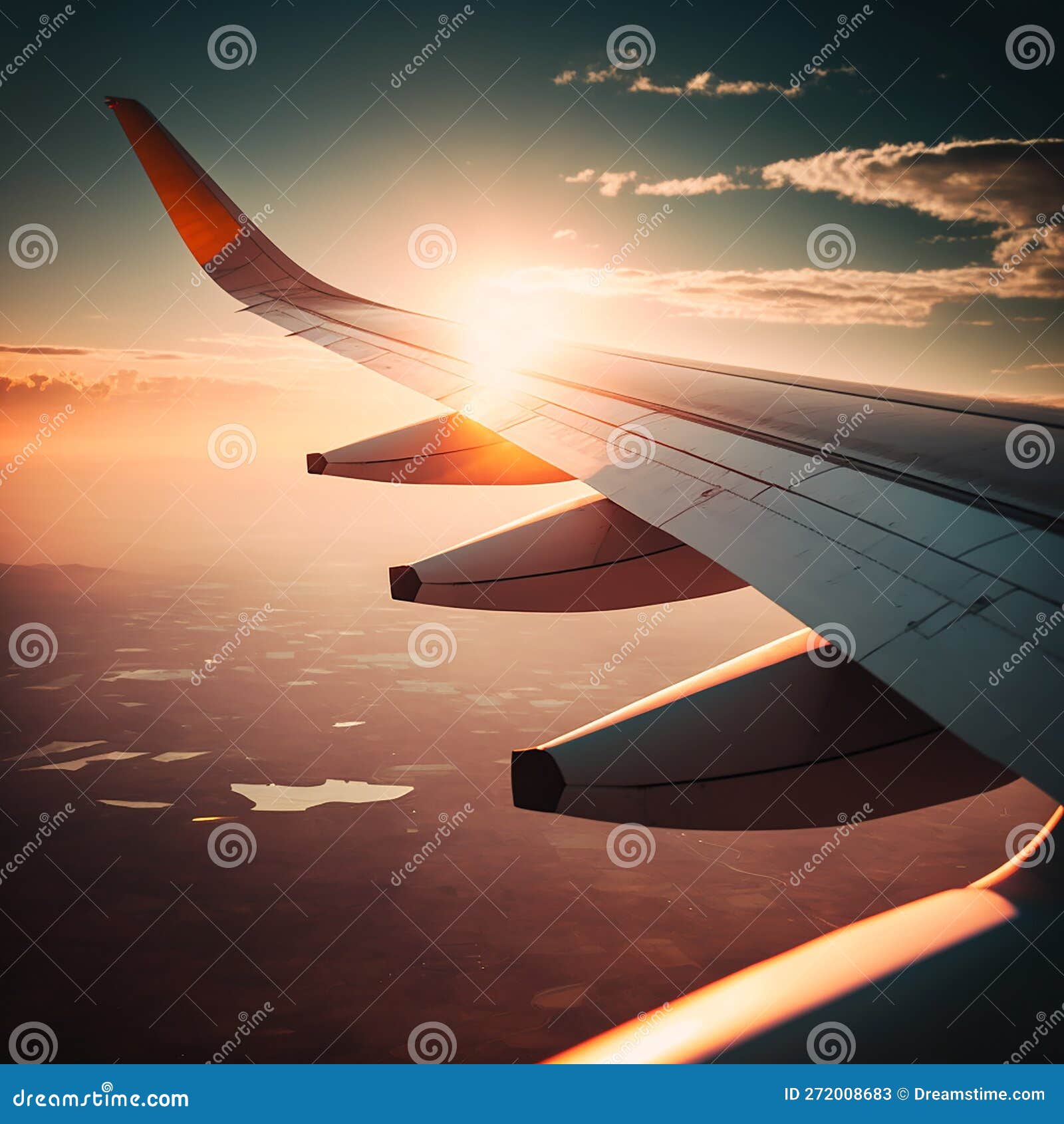 Point of View of a Plane Wing Flying during Sunset. Stock Illustration ...