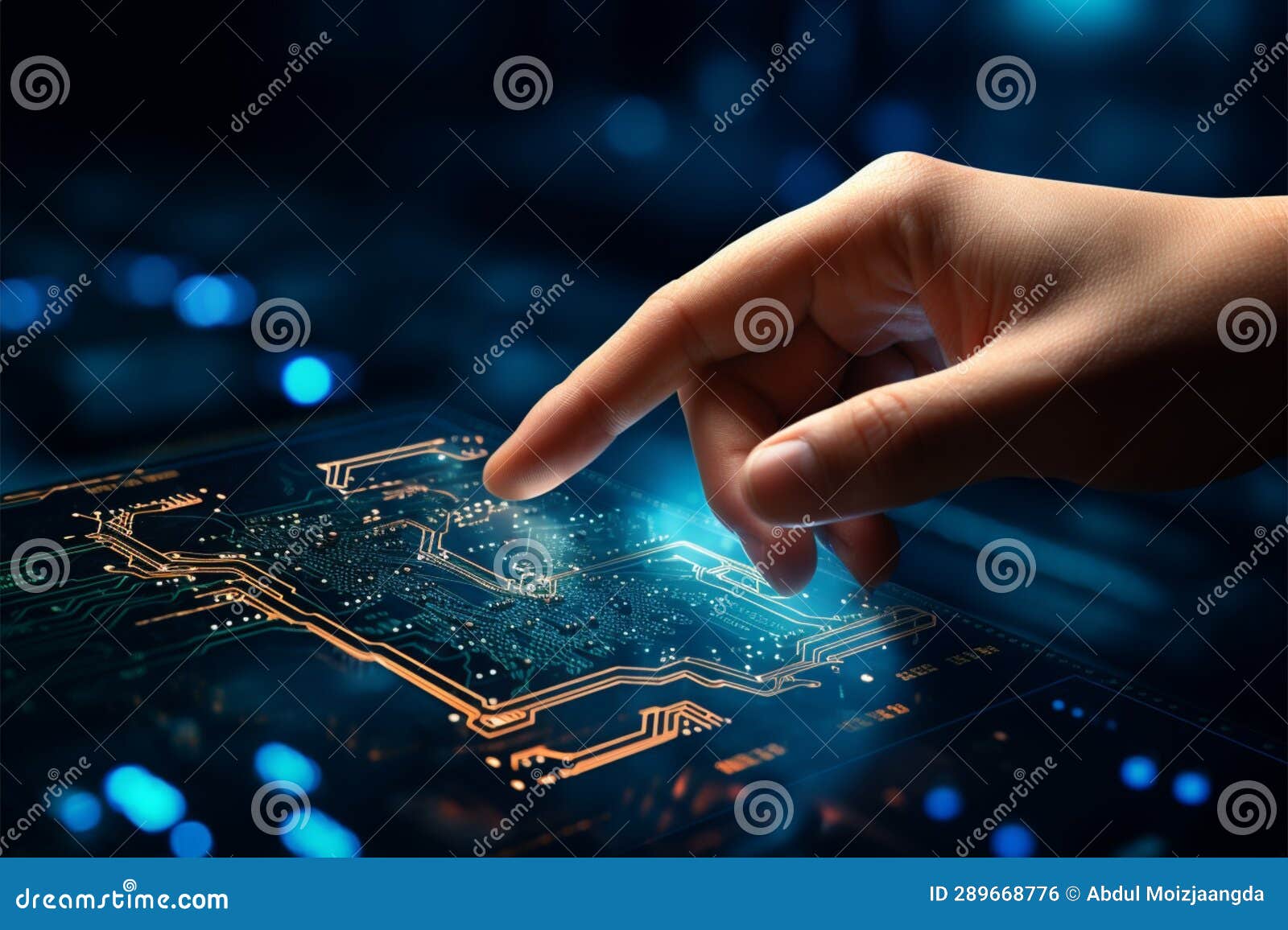 A Pointed Hand Emphasizes a Circuit Boards Complex Electrical Pathways ...
