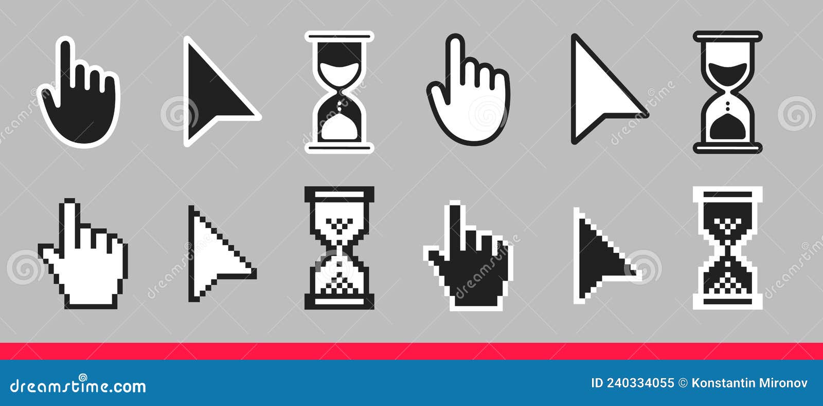 Pointer Hand, Arrow and Hourglass Loading Clock Mouse Cursors. Stock ...