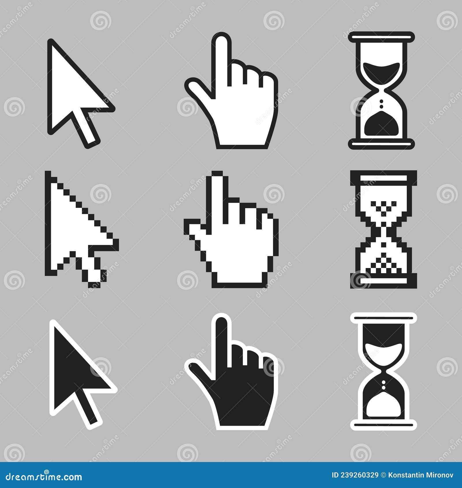 Pointer Hand, Arrow and Hourglass Loading Clock Mouse Cursors Stock ...