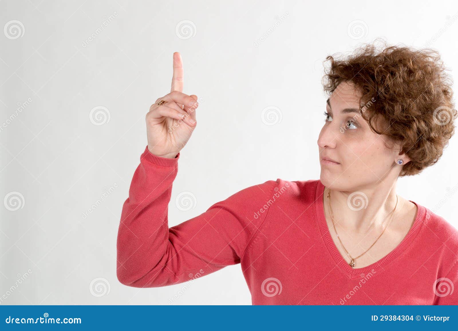 Pointing stock photo. Image of brunett, show, curly, copyspace - 29384304