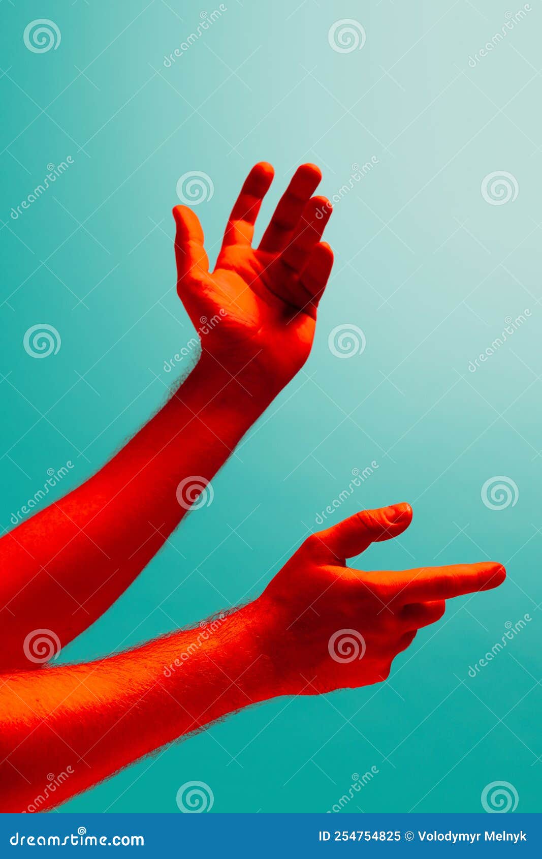 Pointing. Authentic Hands Gesturing on Cyan Color Background in Red ...