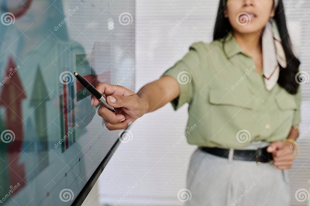 Pointing at Data on Interactive Display in Office Setting Stock Image ...