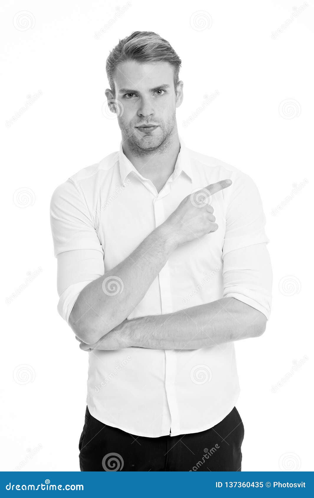 Pointing Direction. Man Shop Assistant Pointing Index Finger Isolated ...