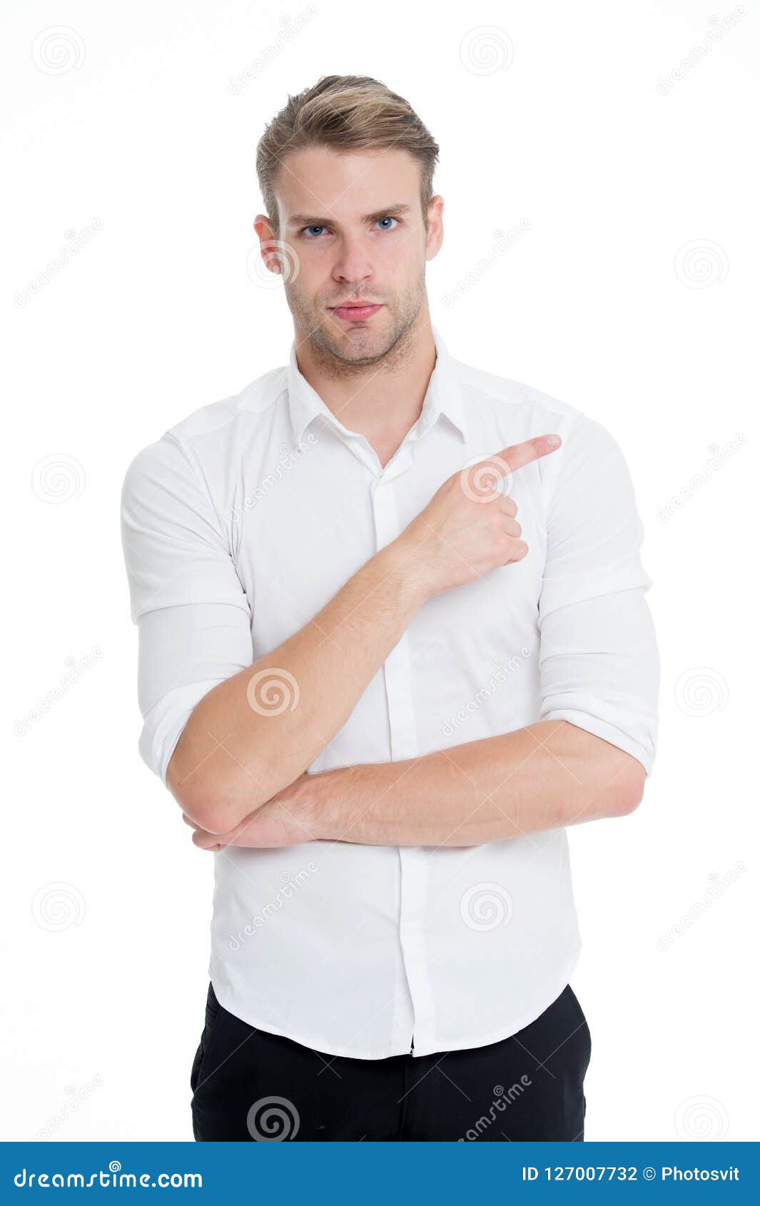 Pointing Direction. Man Shop Assistant Pointing Index Finger Isolated ...