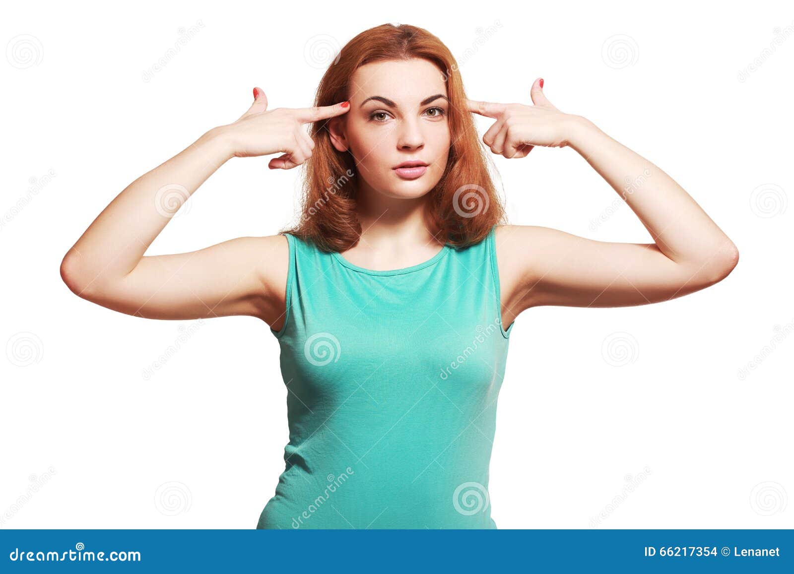 Pointing with Finger on Her Head Stock Photo - Image of head, happy ...