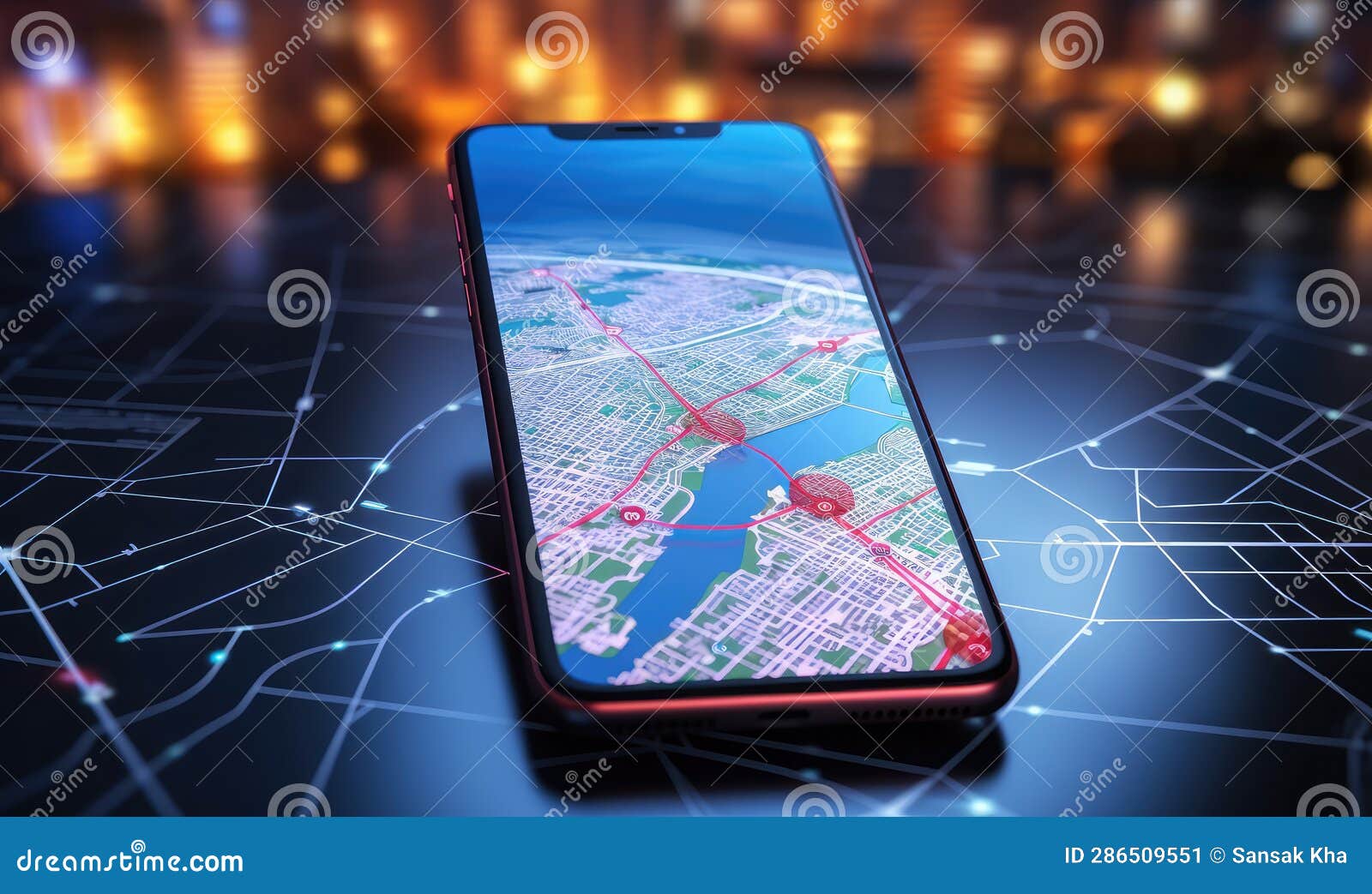 Pointing Smartphone with Gps Navigation and Map Icons on Blurred Road ...