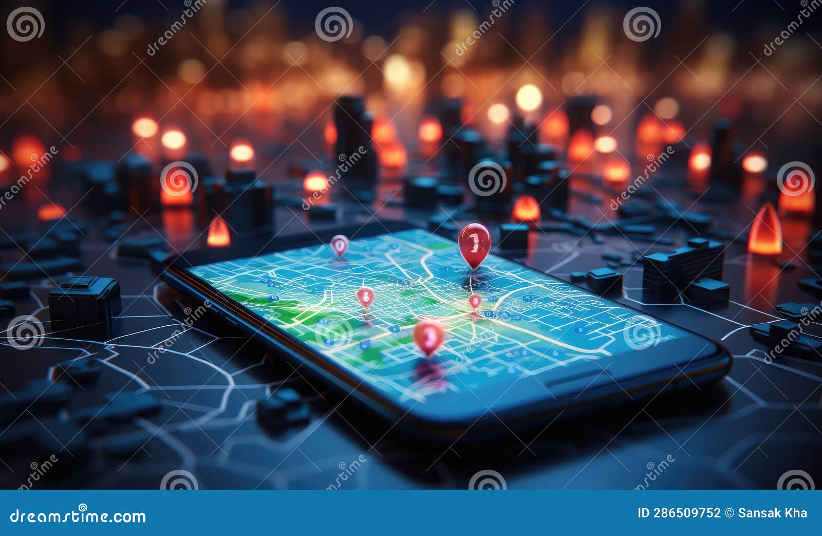 Pointing Smartphone with Gps Navigation and Map Icons on Blurred Road ...