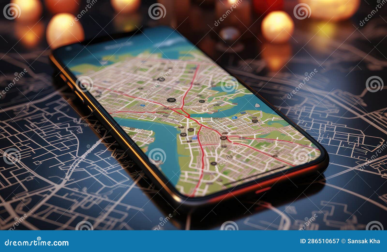 Pointing Smartphone with Gps Navigation and Map Icons on Blurred Road ...