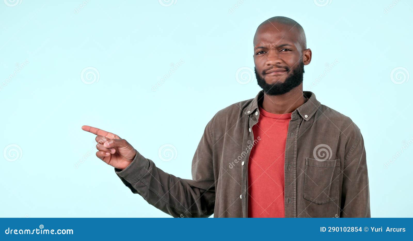 Pointing, Wrong or Face of Black Man in Studio for Feedback Opinion ...