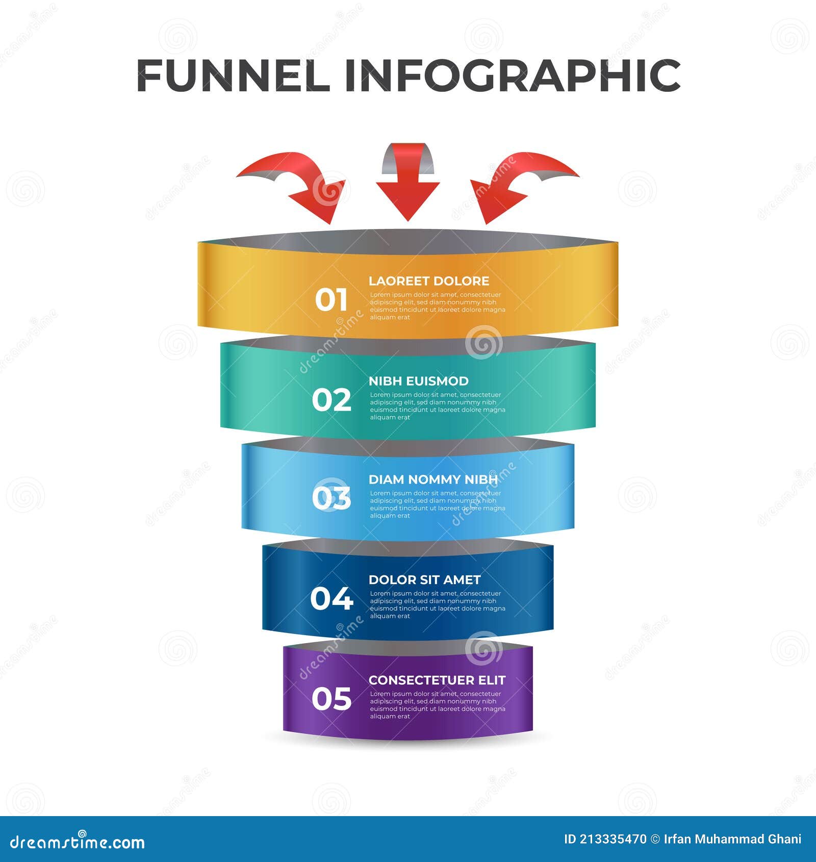 5 Points of Funnel Diagram with Arrows, Stages and Steps Infographic ...