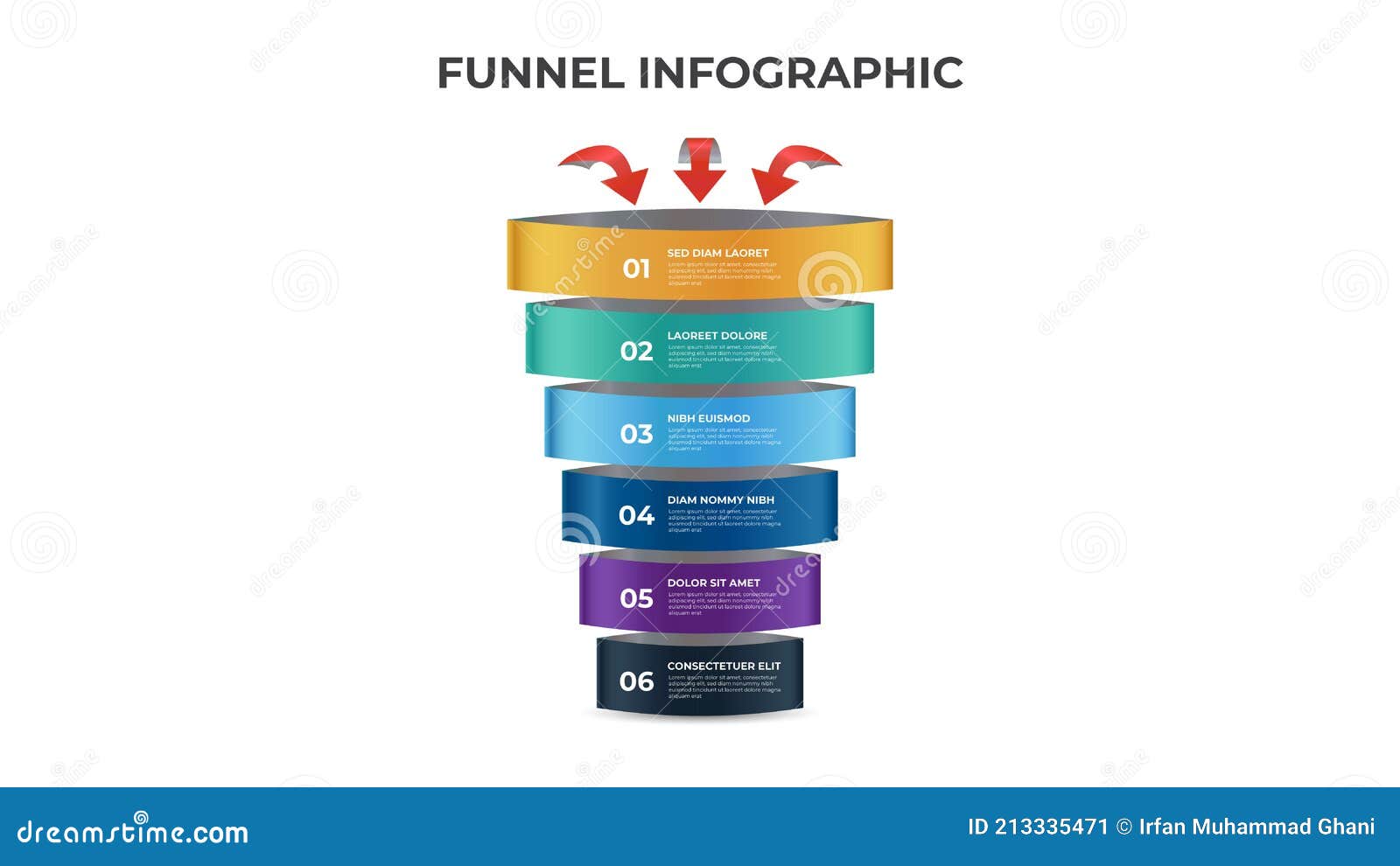 6 Points of Funnel Diagram with Arrows, Stages and Steps Infographic ...