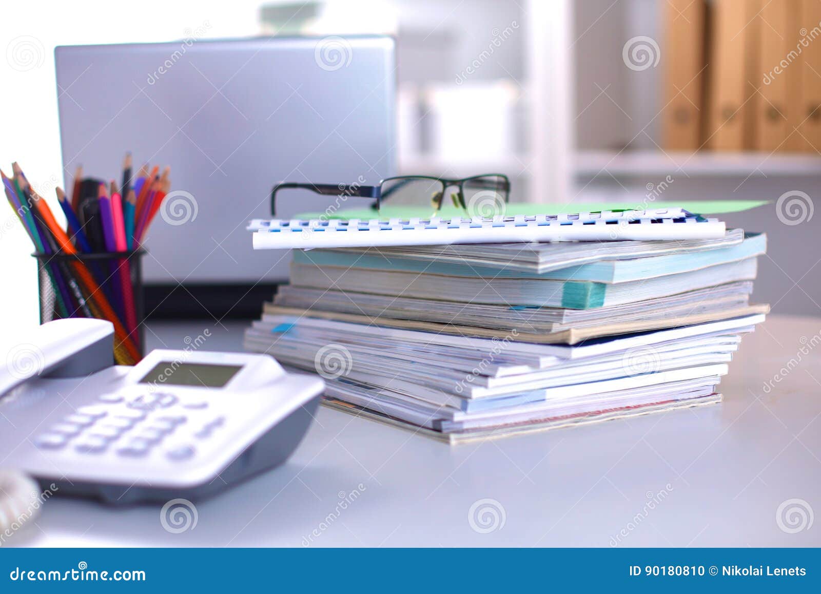Points on the Office Desktop with a Computer and Documents Stock Photo ...