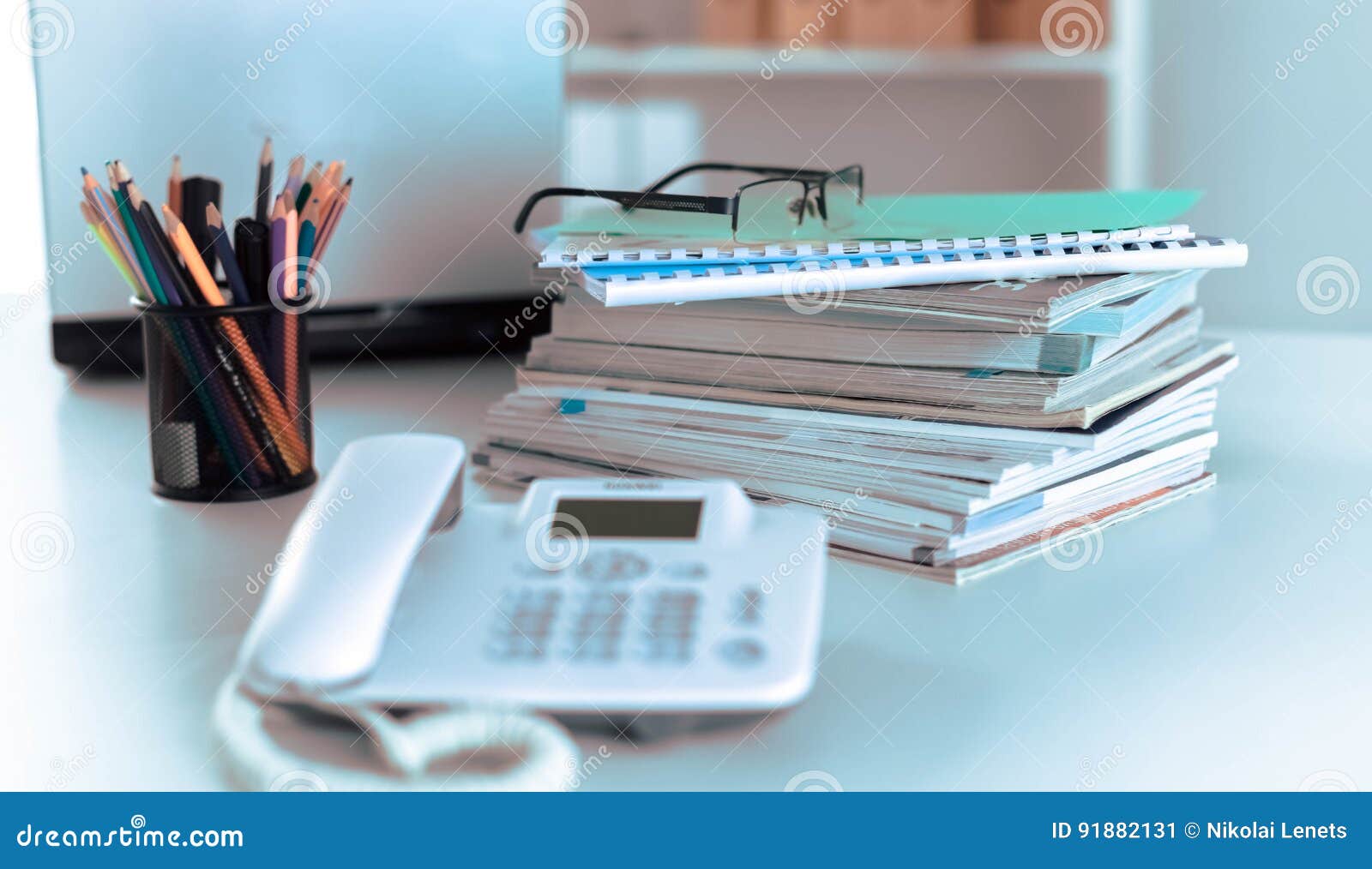 Points on the Office Desktop with a Computer and Documents Stock Image ...