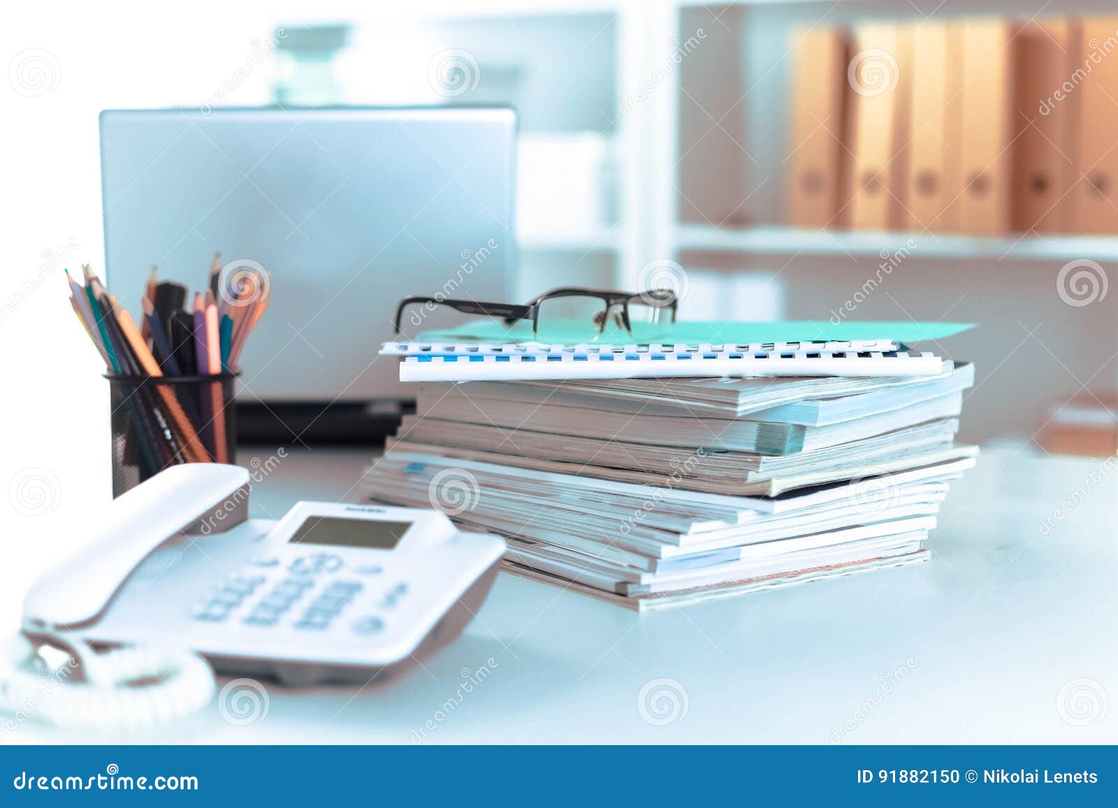 Points on the Office Desktop with a Computer and Documents Stock Photo ...