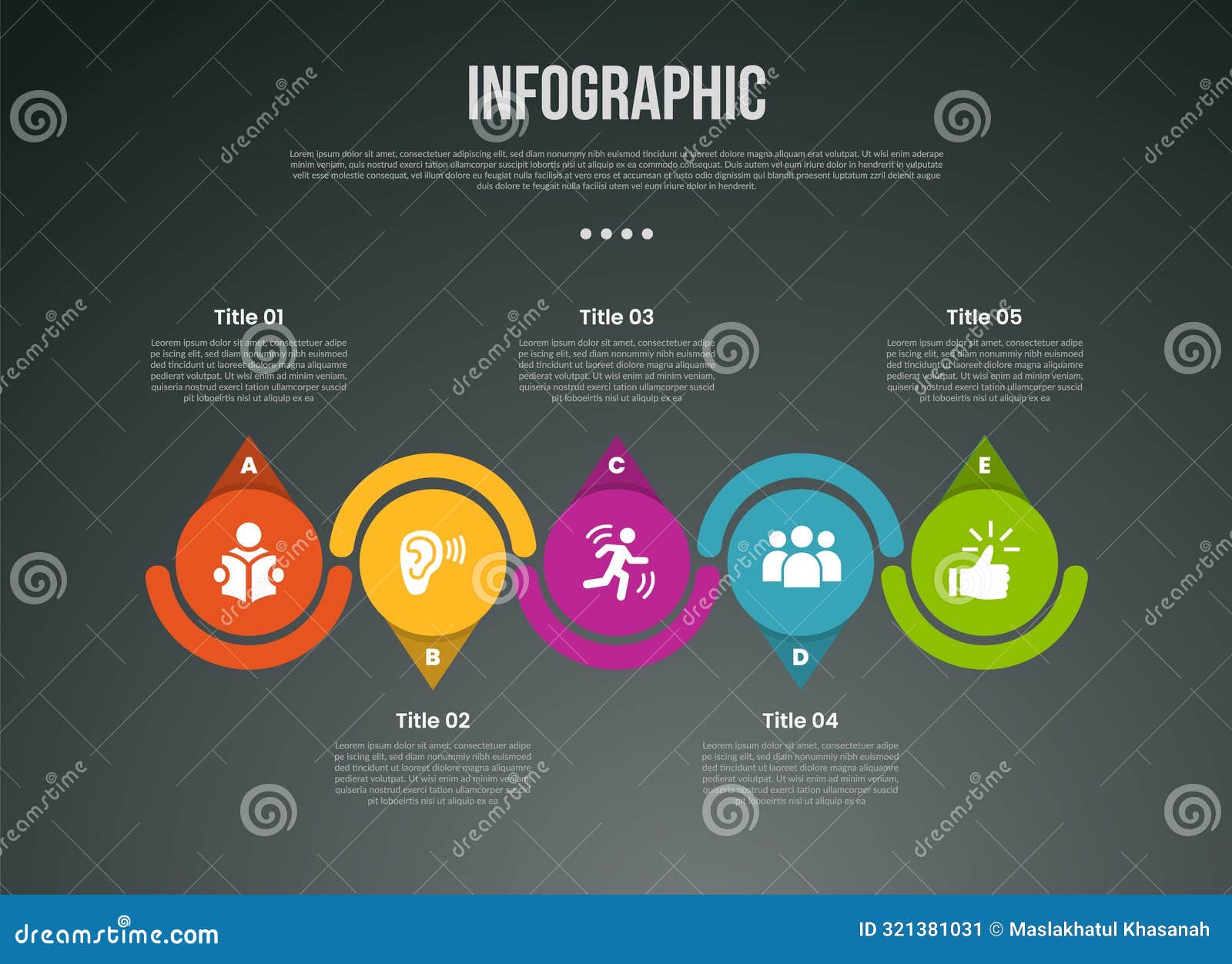 5 Points or Step Process Infographic with Big Circle and Arrow Up and ...