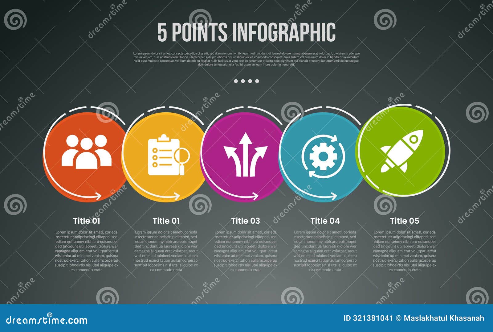 5 Points or Step Process Infographic with Big Circle Joined Venn ...