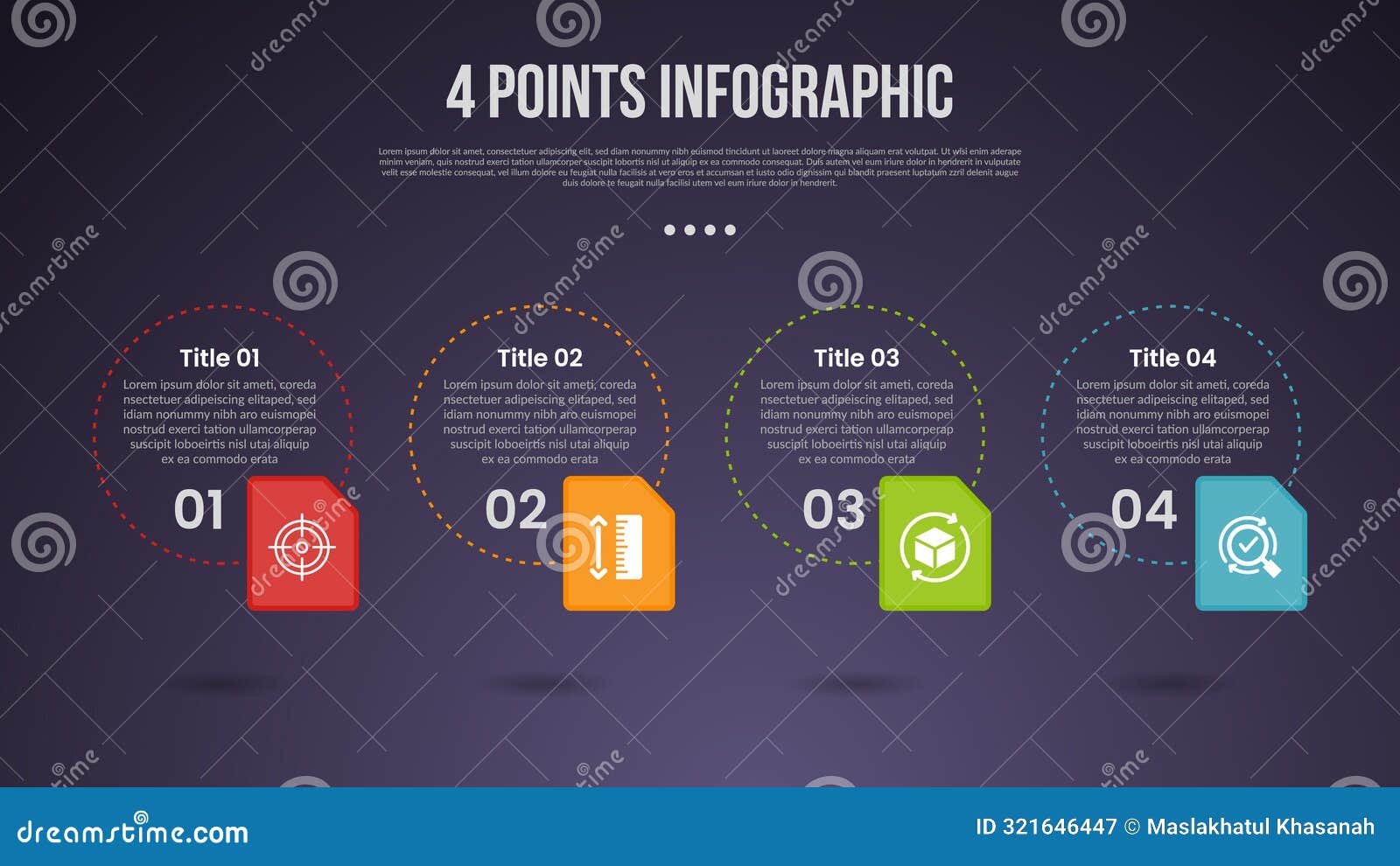 4 Points or Step Process Infographic with Big Outline Circle Dotted and ...
