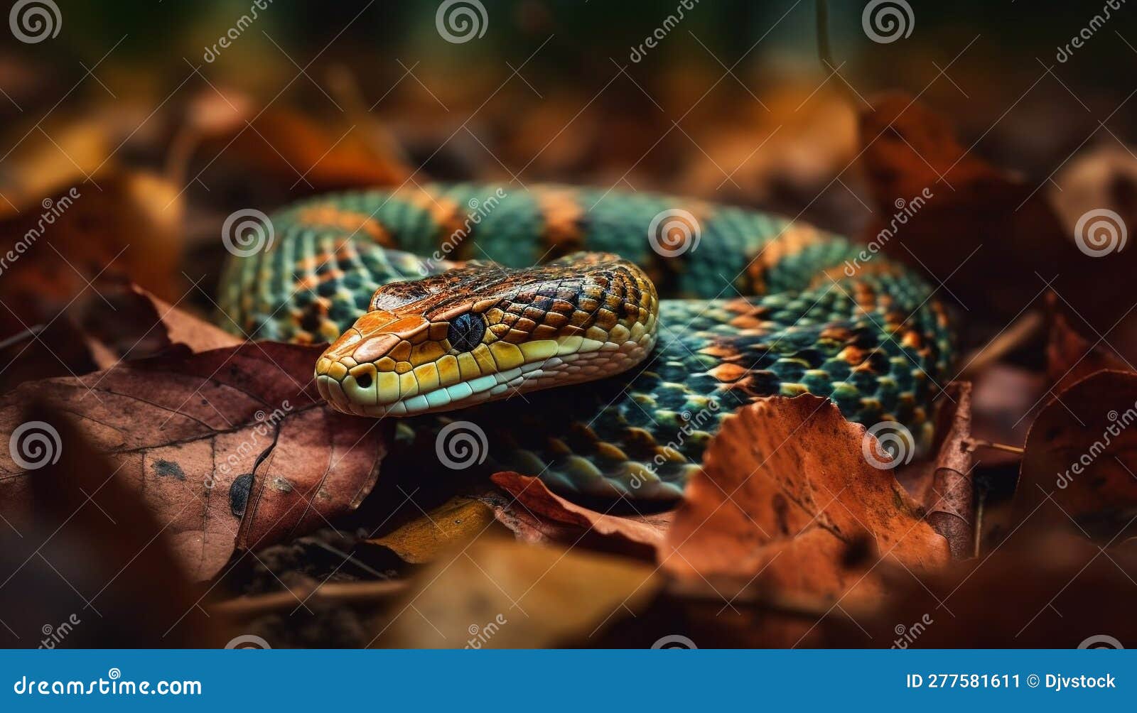 Poisonous Viper Spirals on Branch, Focus on Its Yellow Eye Generated by ...