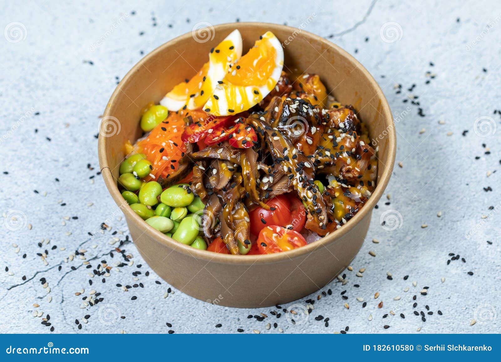 Poke Bowl with Moshroom, Rice, Agg and Vegetables Stock Photo - Image ...
