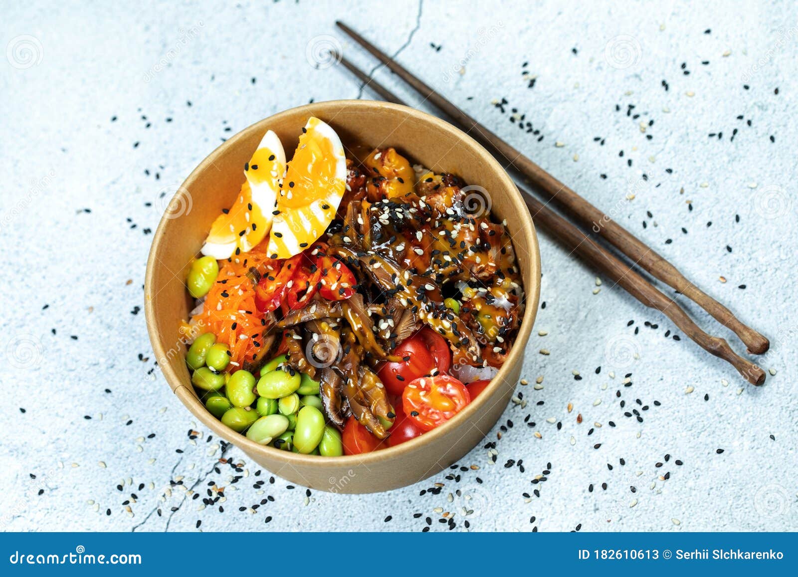 Poke Bowl with Moshroom, Rice, Agg and Vegetables Stock Image - Image ...