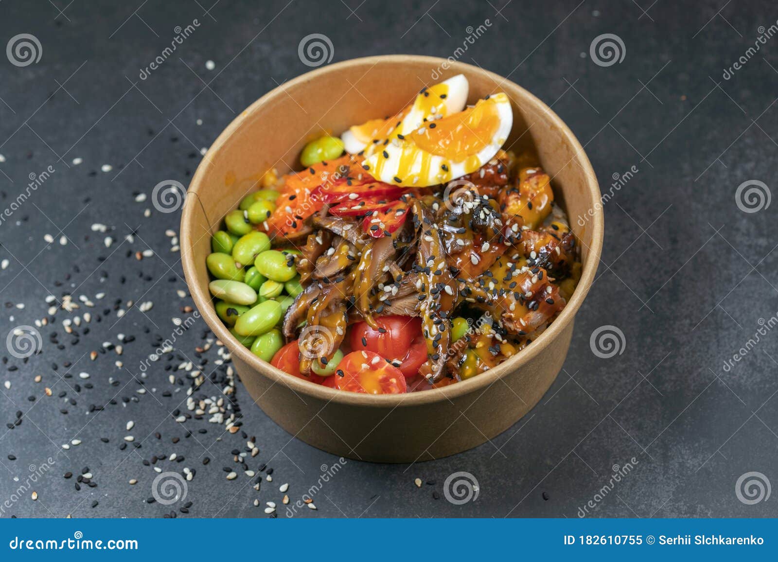 Poke Bowl with Moshroom, Rice, Agg and Vegetables Stock Image - Image ...