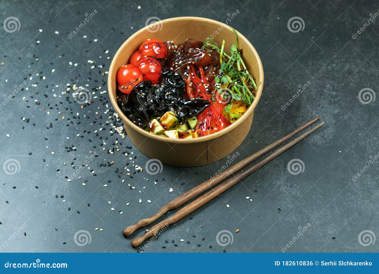 Poke Bowl with Moshroom, Rice, Agg and Vegetables Stock Photo - Image ...