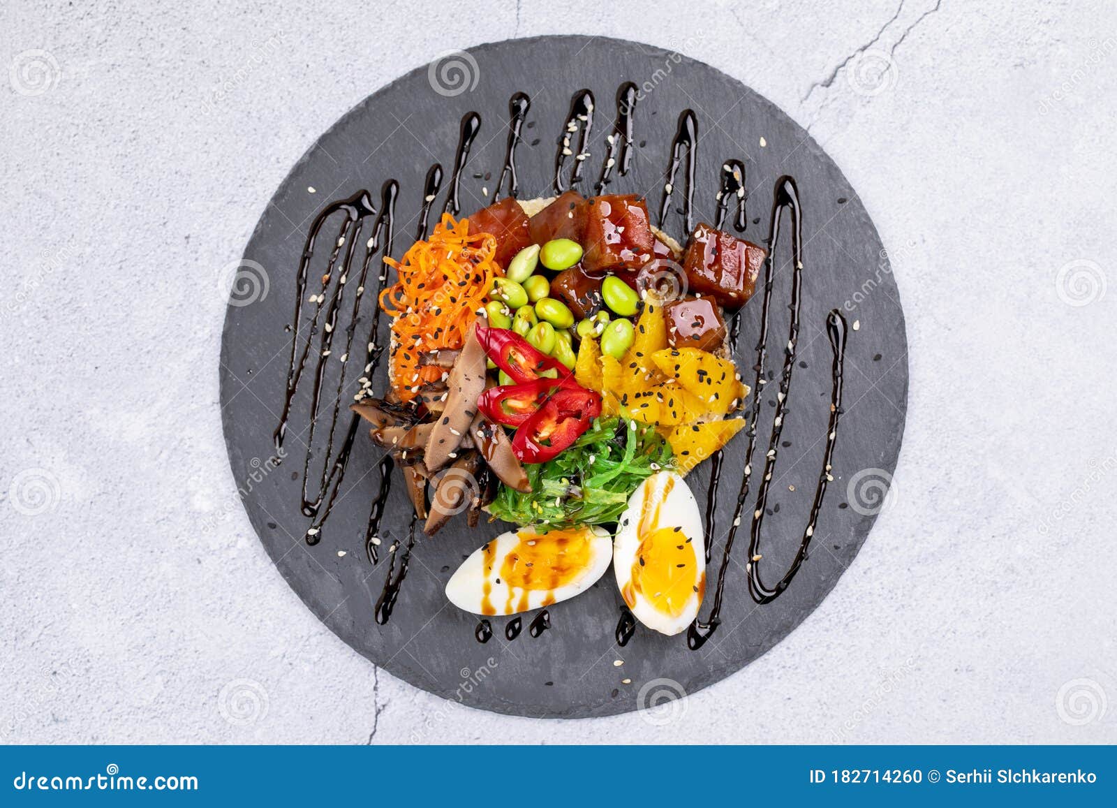 Poke Bowl with Moshroom, Rice, Agg and Vegetables Stock Photo - Image ...