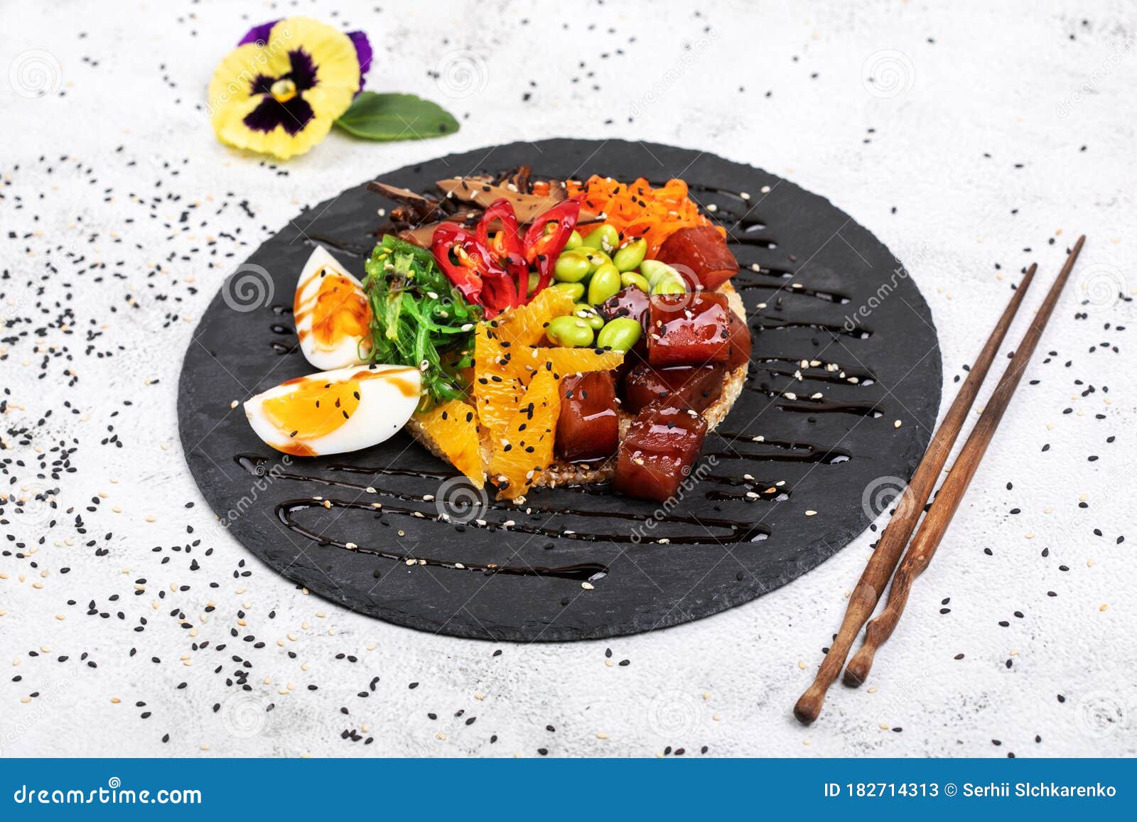 Poke Bowl with Moshroom, Rice, Agg and Vegetables Stock Image - Image ...