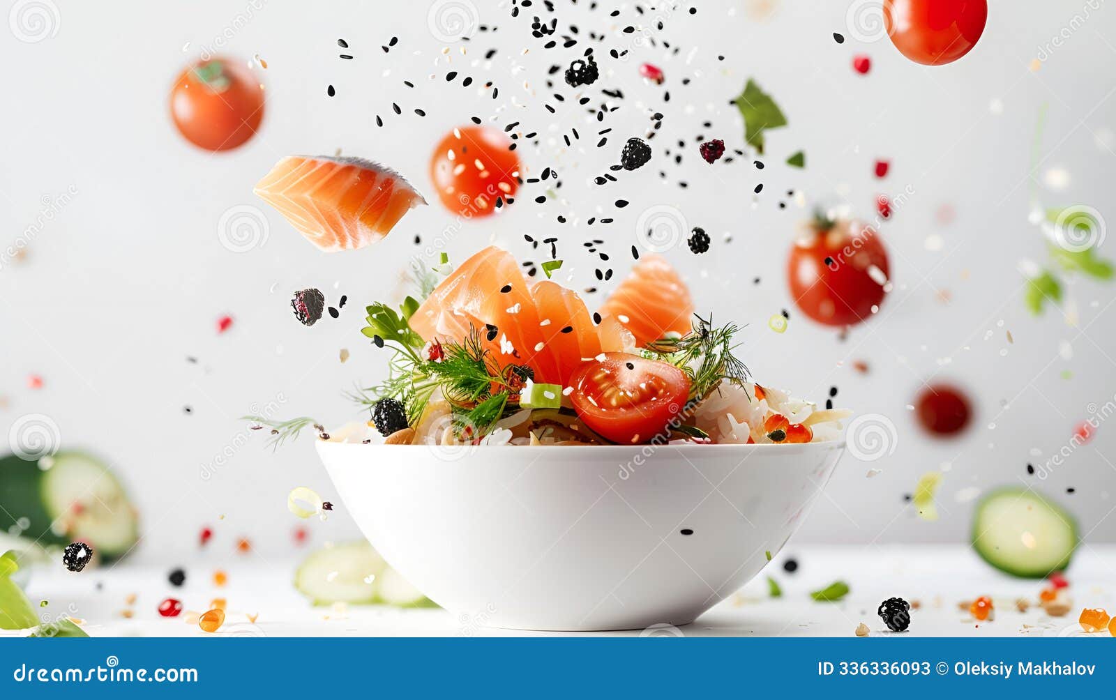 Poke Recipe. Different Ingredients Falling into Bowl on White Stock ...