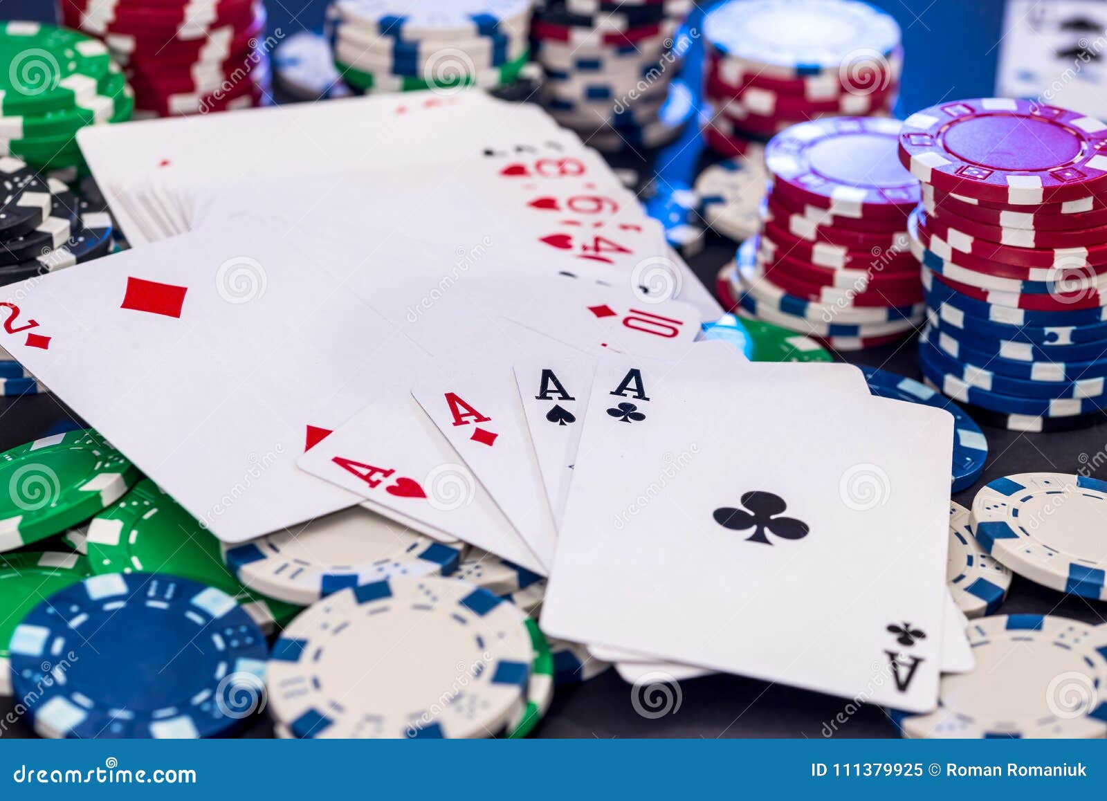 Poker Card and Different Chips Stock Image - Image of aces, blue: 111379925