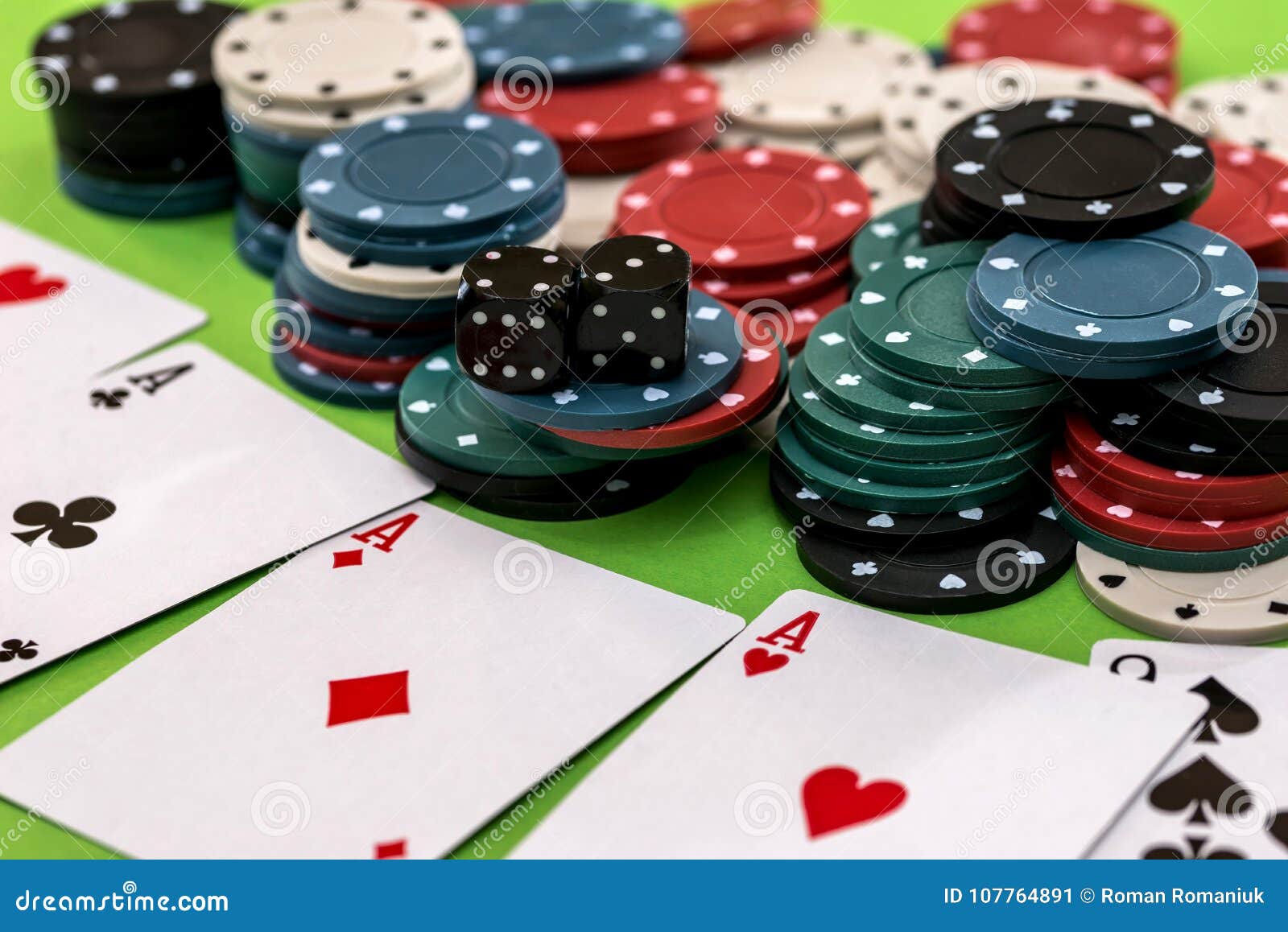 Poker Cards, Chips and Dice Stock Image - Image of pile, casino: 107764891