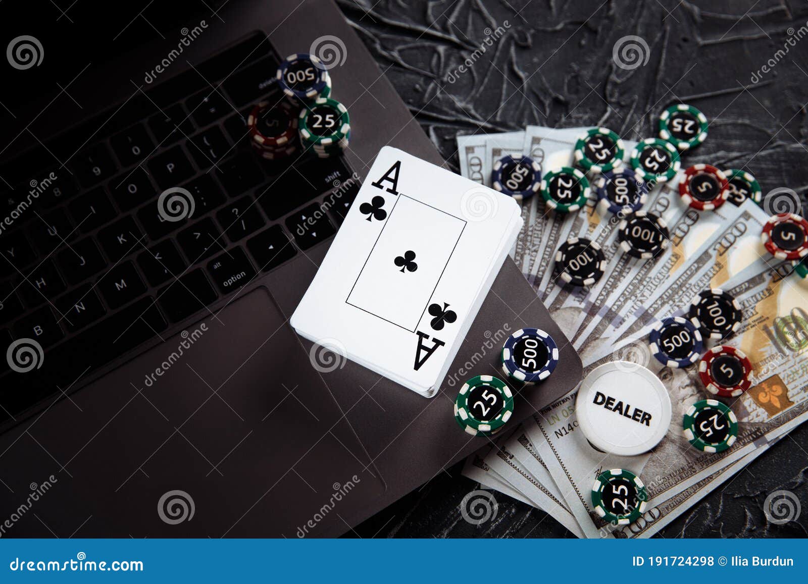 Poker Cards and Stacks of Poker Chips on a Laptop Computer. Poker ...