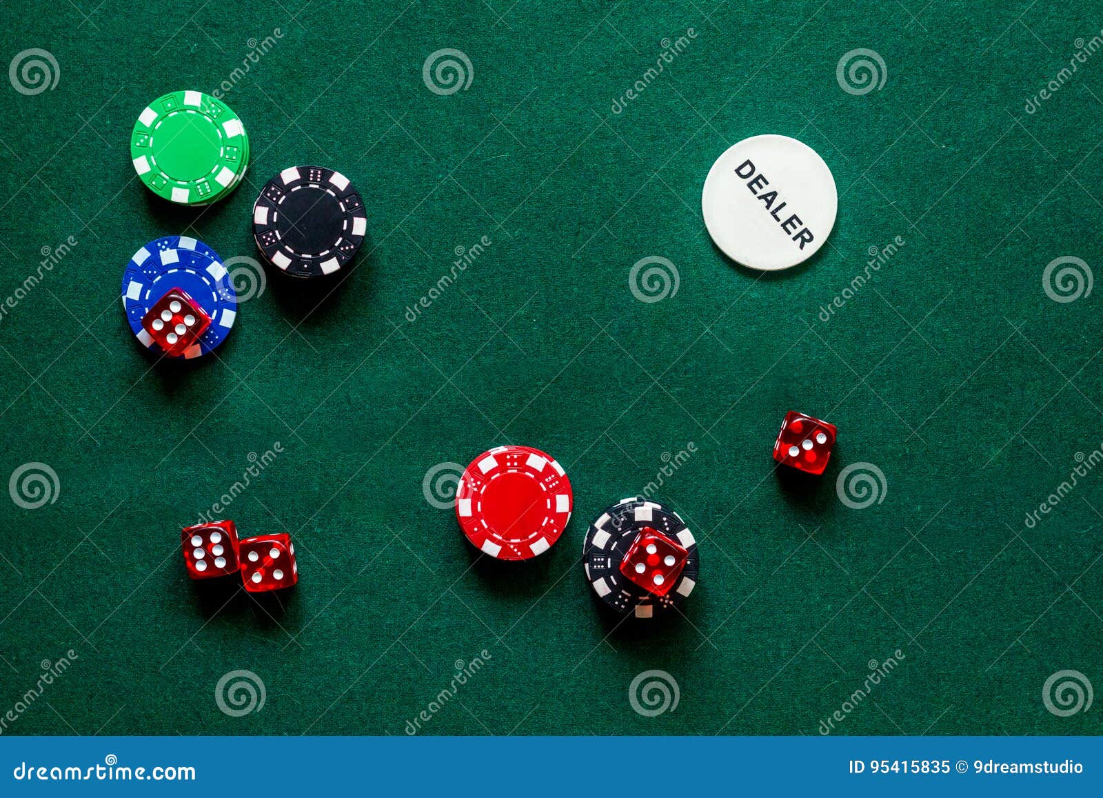 Poker Chips and Dices on a Green Gaming Table Top View Copyspace Close ...