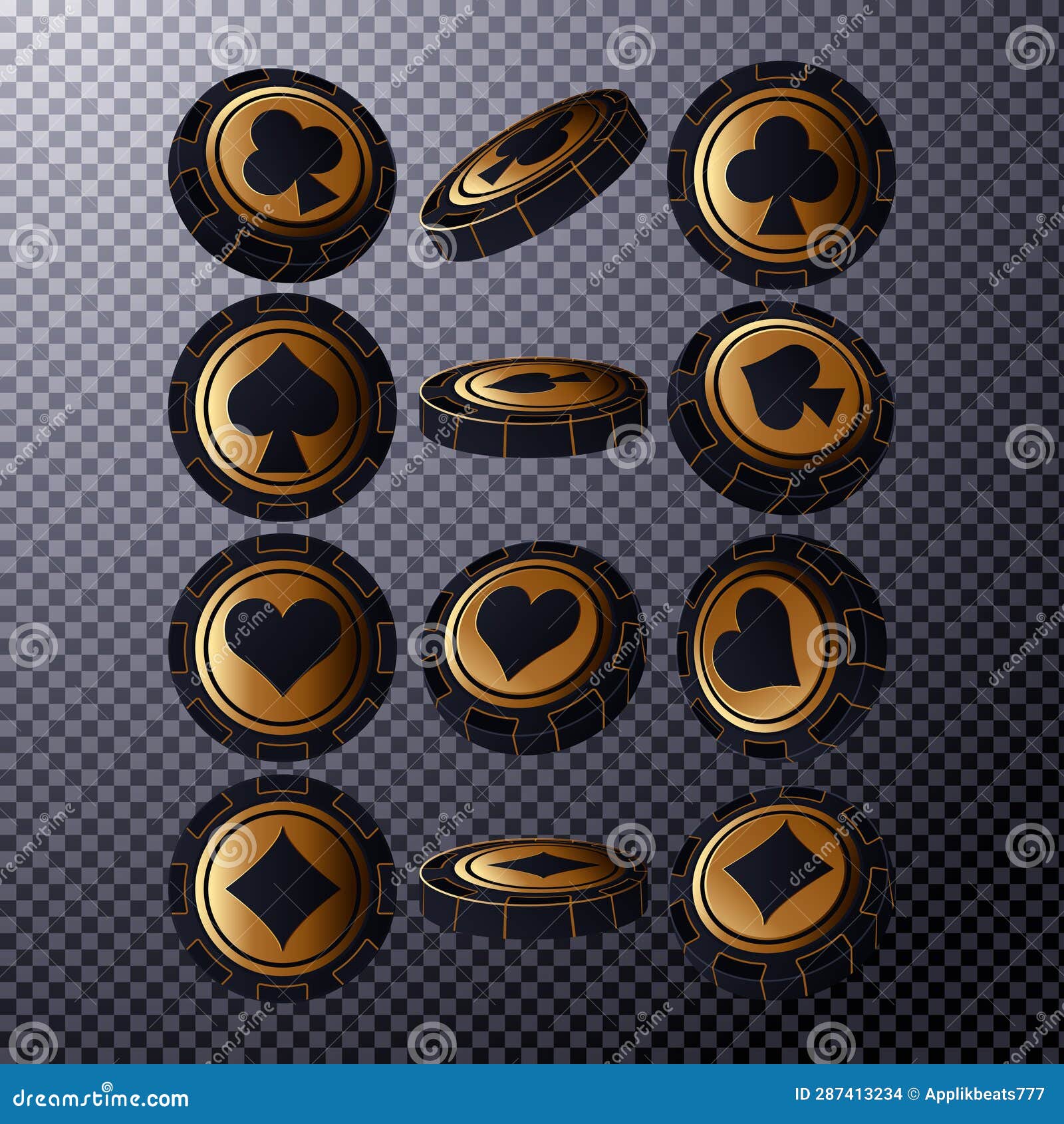 Poker Chips in Different Position. Gold Chips Isolated on Transparent ...