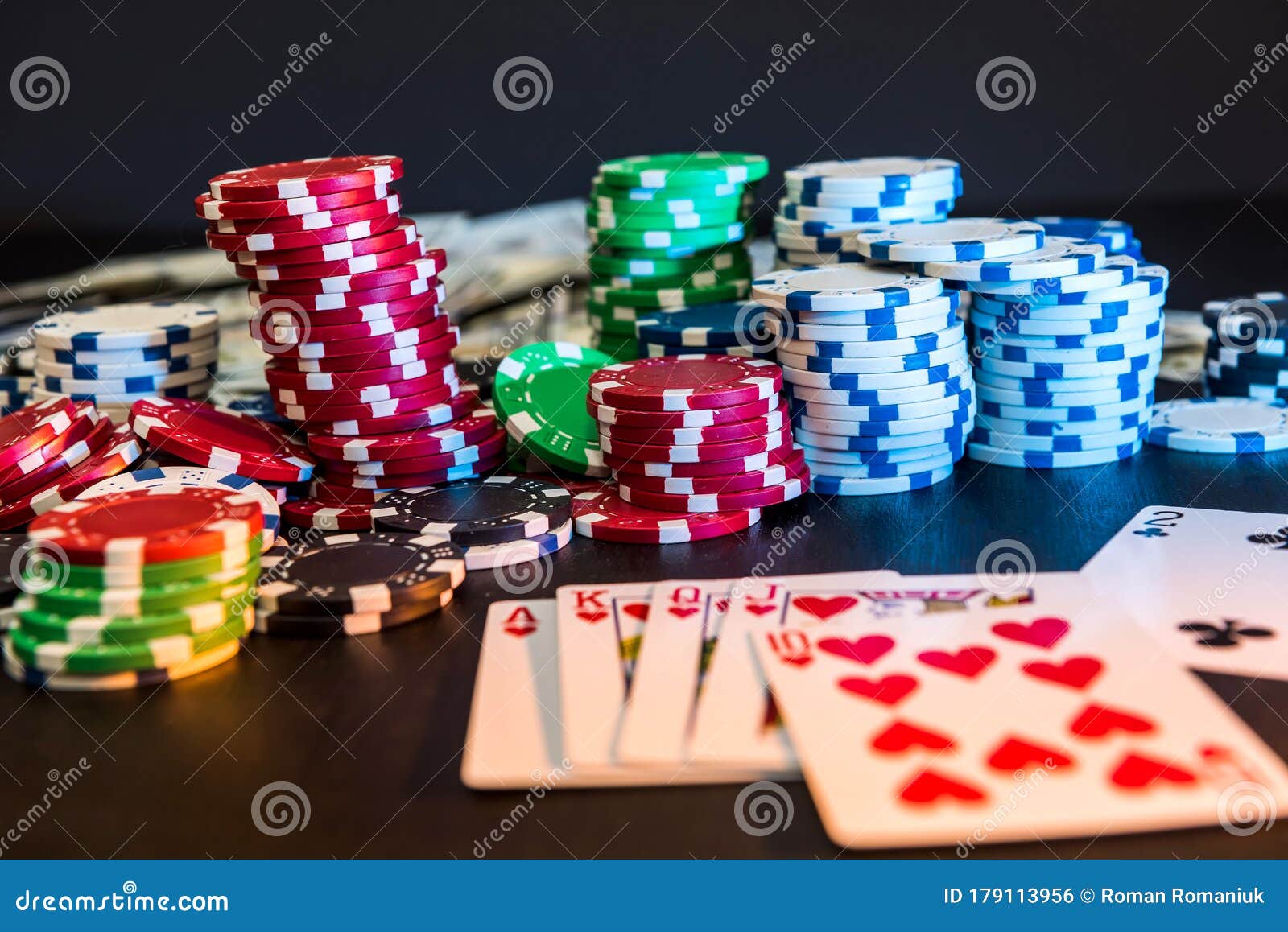 Poker Chips and Playing Card on Black Table Stock Photo - Image of ...
