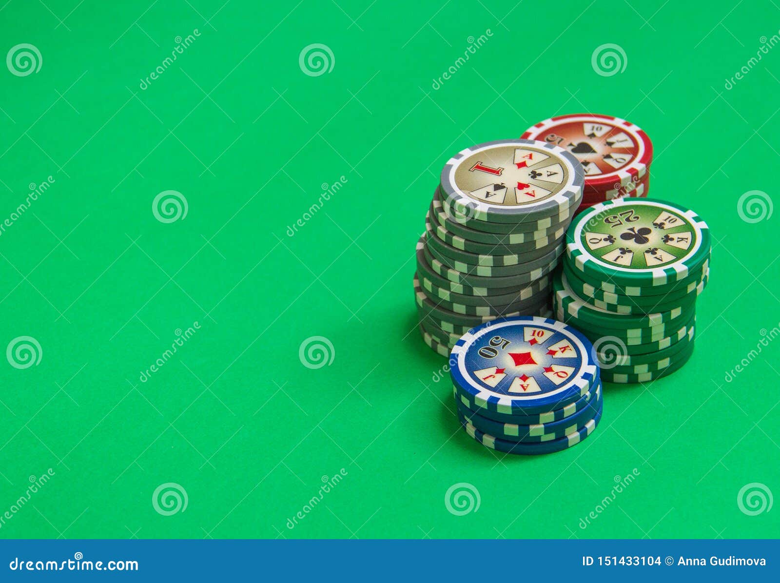 Poker Playing Chips Stack on Green Table Stock Photo - Image of chance ...