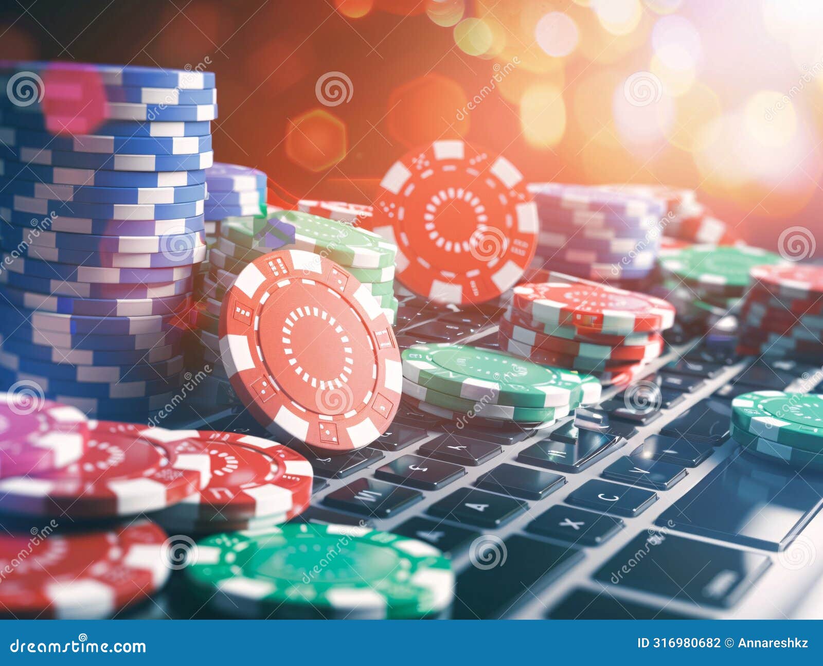 Poker Chips Stack on Laptop Keyboard, a Mix of Games and Computer ...
