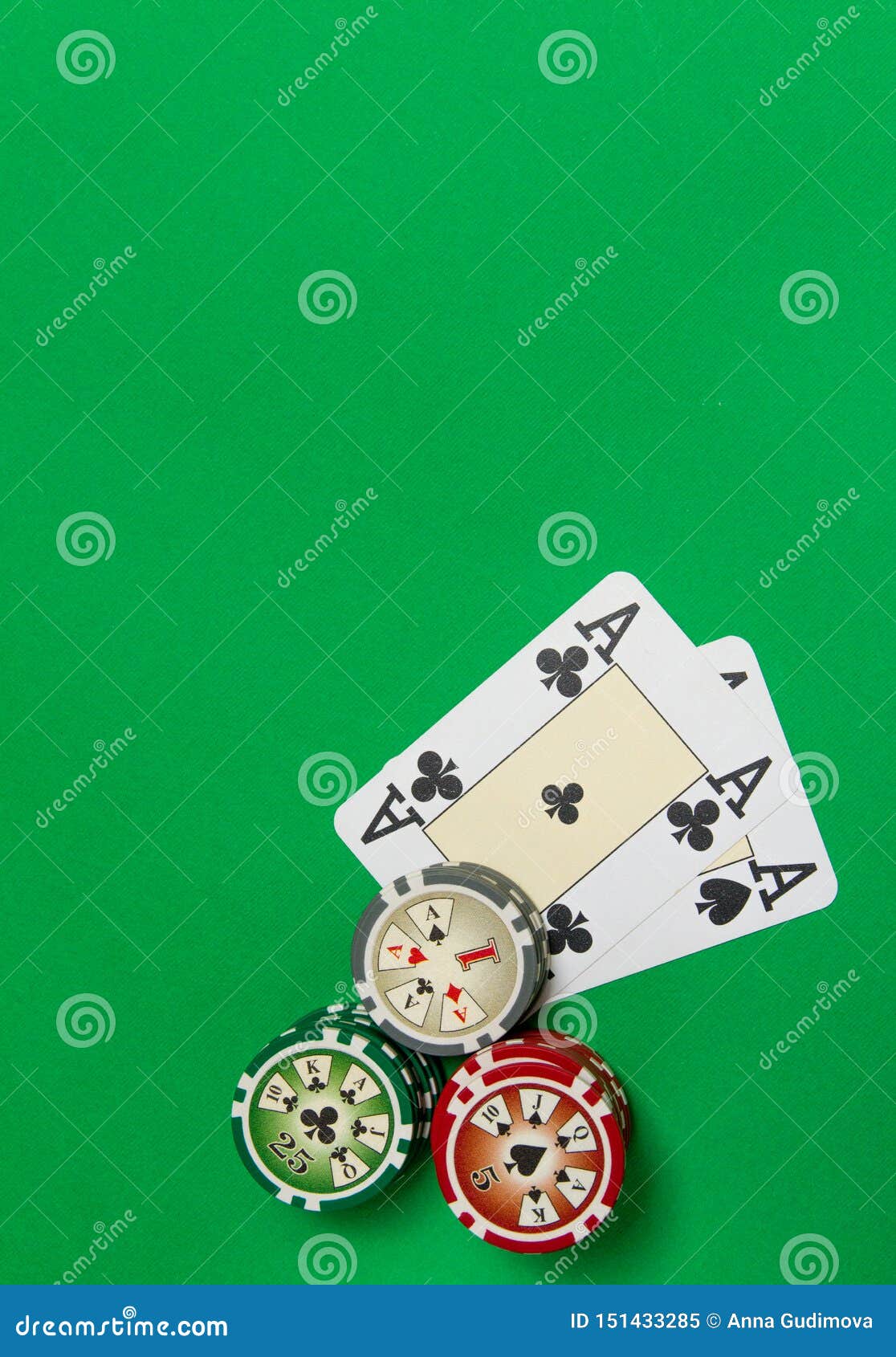 Poker Chips Stack and Playing Cards on Green Table Stock Image - Image ...