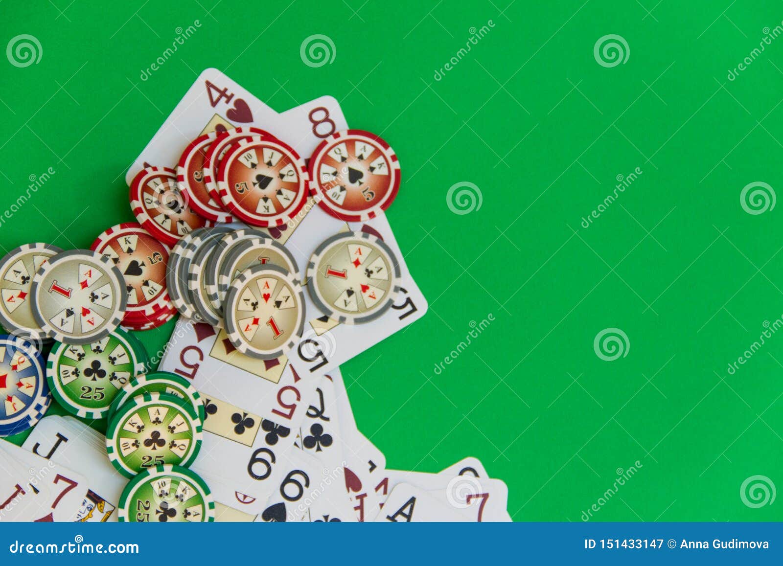Poker Chips Stack and Playing Cards on Green Table Stock Image - Image ...
