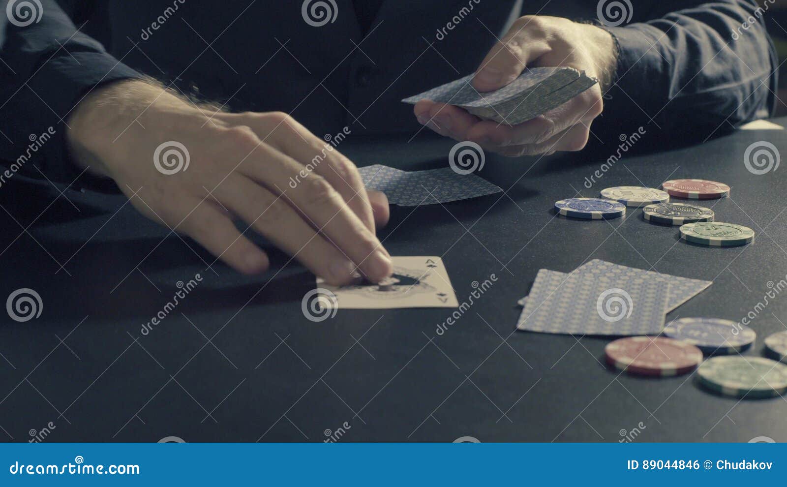 Poker Game. Man`s Hands Dealing Cards and Chips Stock Photo - Image of ...