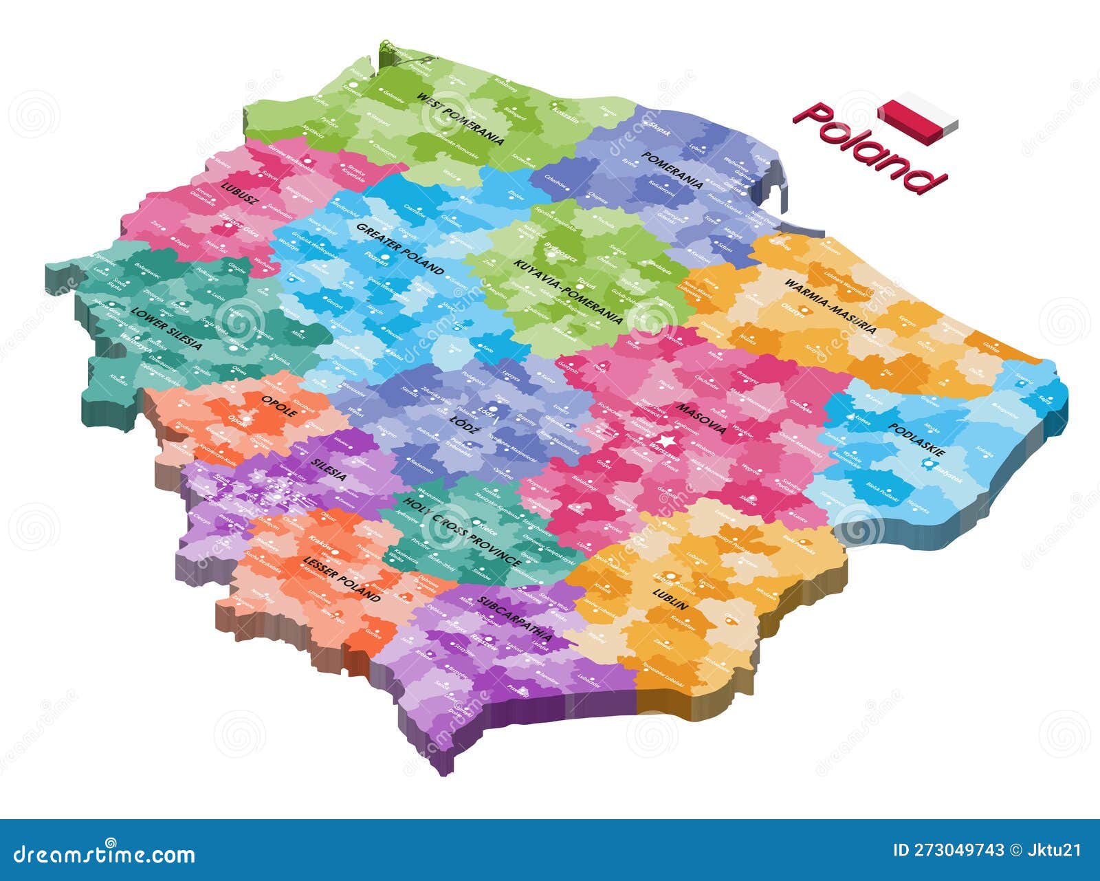 Poland Administrative Divisions Isometric Map Colored by Voivodeships ...