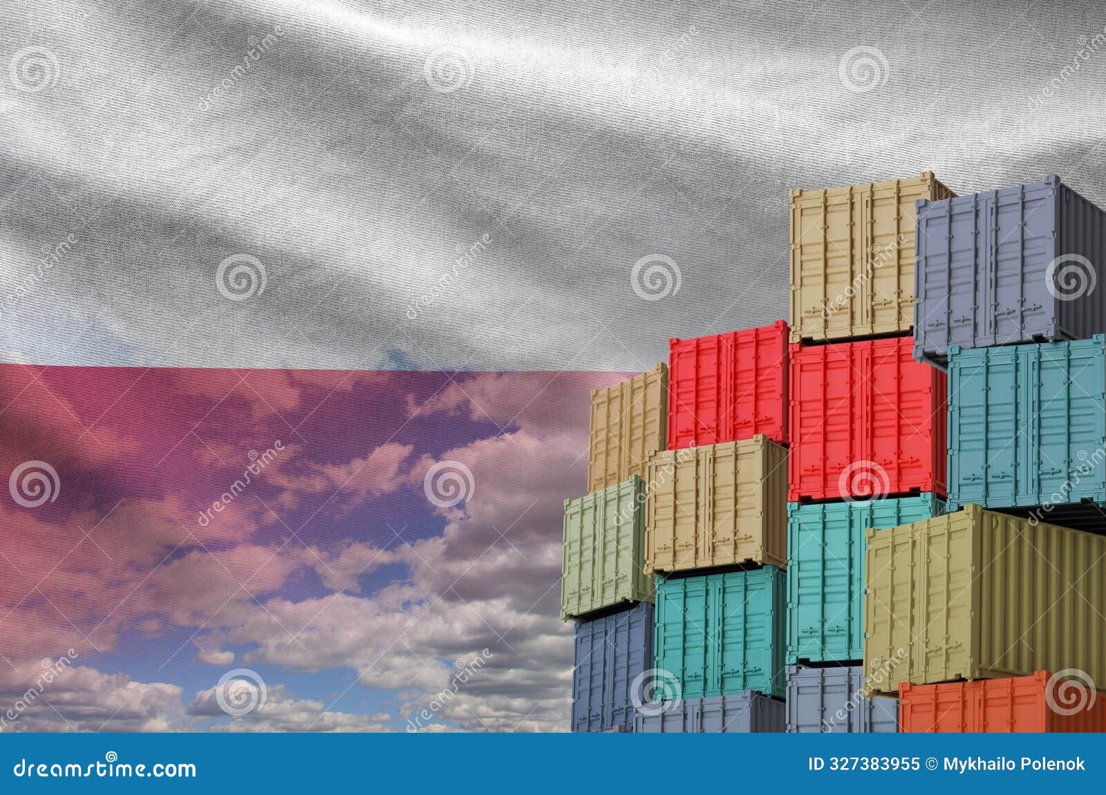 Poland Flag and Big Stack of Shipping Cargo Containers in Docks with ...